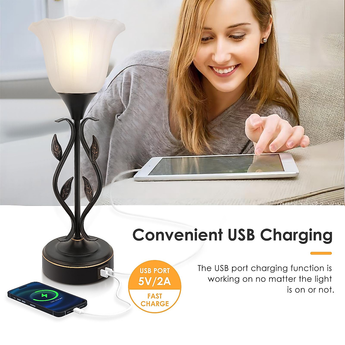 Touch Table Lamps for Bedroom, Bedside Lamps with USB Ports, 3-Way Dimmable Decorative Nightstand Lamp Rustic Leaf Torchiere Glass Flower Lamp for Living Room Dresser (Bulbs Included)