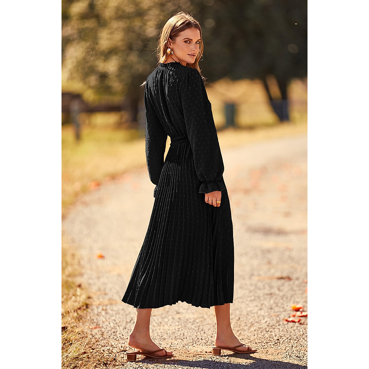 PRETTYGARDEN Women's 2024 Fall Midi Dress Casual Long Sleeve V Neck Swiss Dot Pleated A Line Flowy Dresses (Black,Large)