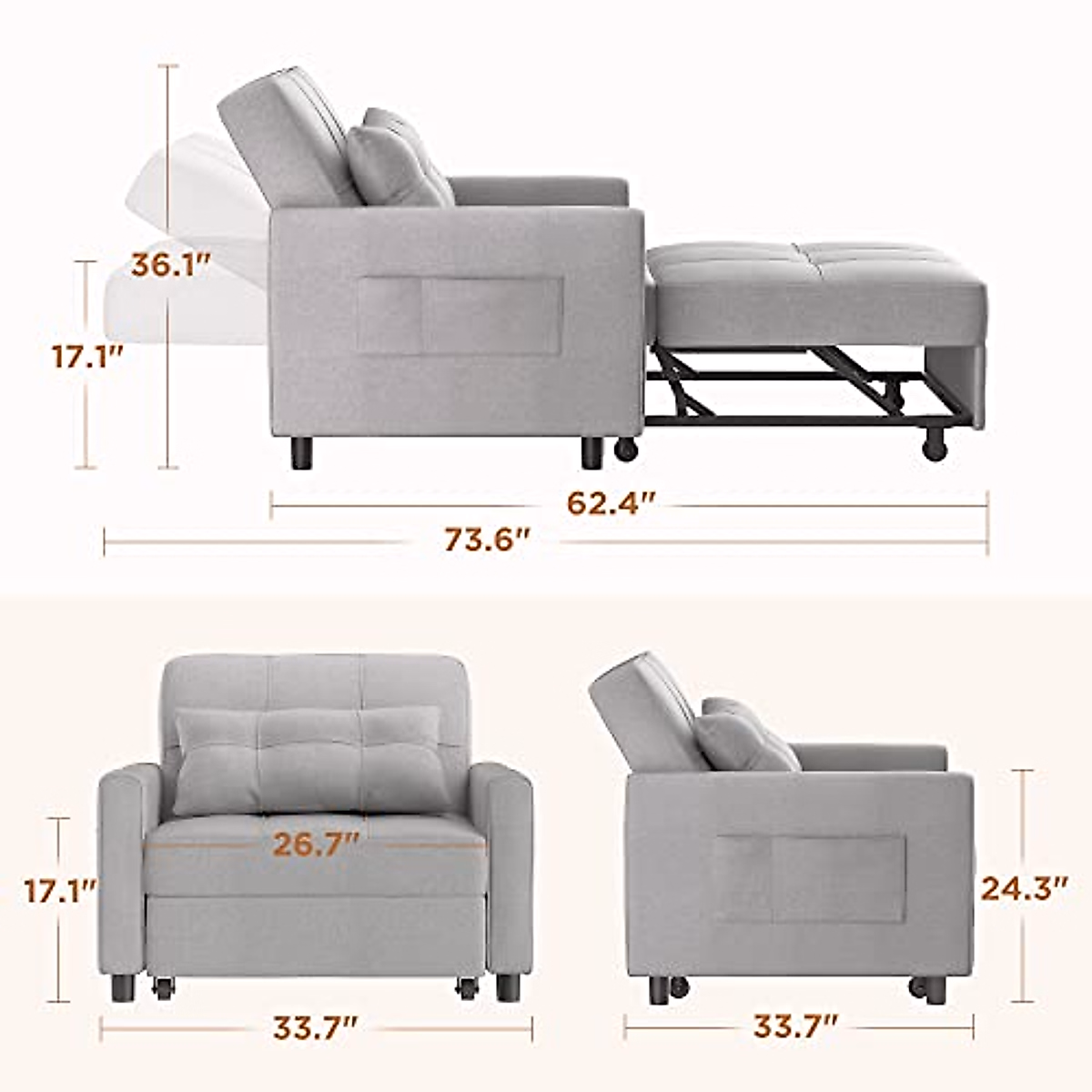 Noelse 34 Inch Sleeper Sofa Chair, 3-in-1 Convertible Sofa Chair Pull Out Chair Bed with Adjustable Backrest, Single Armchair for Living Room Apartment (Light Grey)