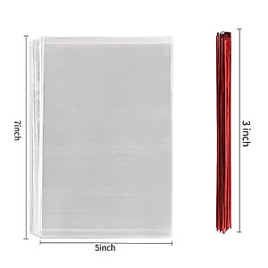 100 Pcs 7 in x 5 in(1.4mil.) Clear Flat Cello Cellophane Treat Bags Good for Bakery, Cookies, Candies,Dessert with random color Twist Ties!