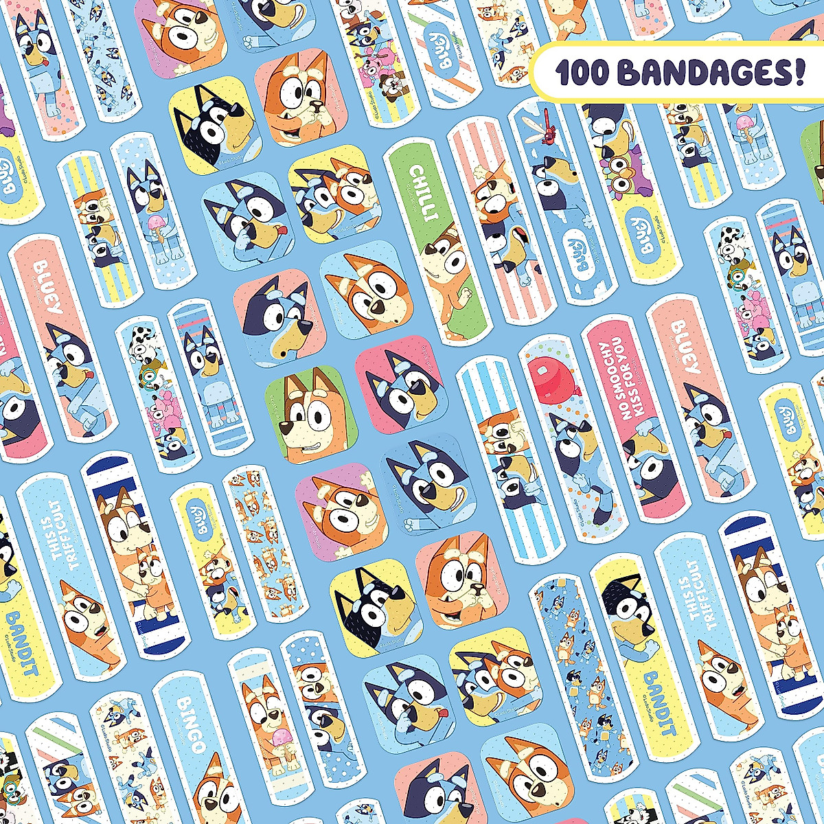 Bluey Kids Bandages, 3 Assorted Sizes 100 CT | Wear Like Stickers, Flexible Adhesive Bandages for Minor Cuts, Scrapes, and Burns. Great Gift idea and Stocking Stuffer