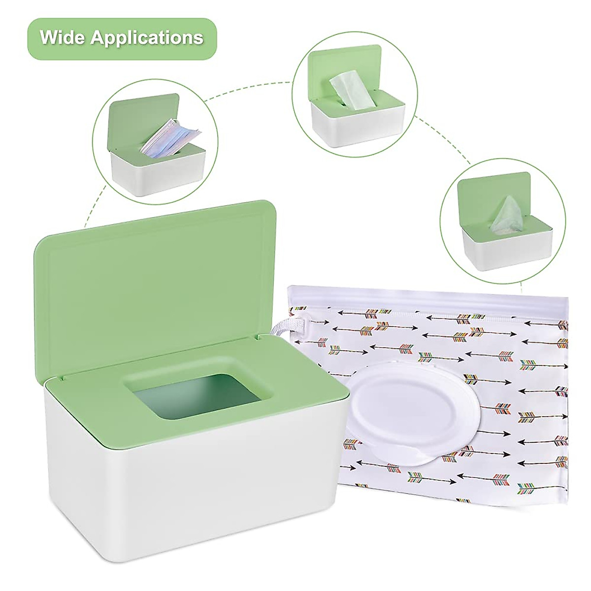 TORASO Large Size, 2 PCS Baby Wipes Dispenser with Lid and 2 PCS Pouch with Lid, Baby Wipe Holder Keeps Wipes Fresh Simple Style Wipe Container Regular Storage Case Box (GN,WH+2,Large)