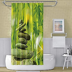 Renaiss 71x71 Inch Spa Shower Curtain Picture of Bamboo and Basalt Stones Green Leaf Bath Curtain Meditation Theraphy Relaxing Nature Scenery Cloth Fabric Bathroom Decor Set with Hooks Waterproof