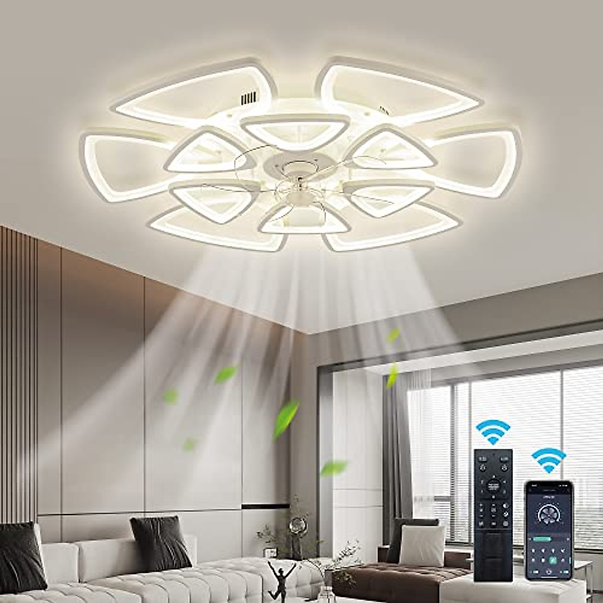 XIEICS Modern Ceiling Fan with Lights Remote Control - Flush Mount Dimmable LED Ceiling Fan Lights & 6 Speeds Bladeless Ceiling Fan with Lights, for Bedroom Living Room (34.8inch, White)