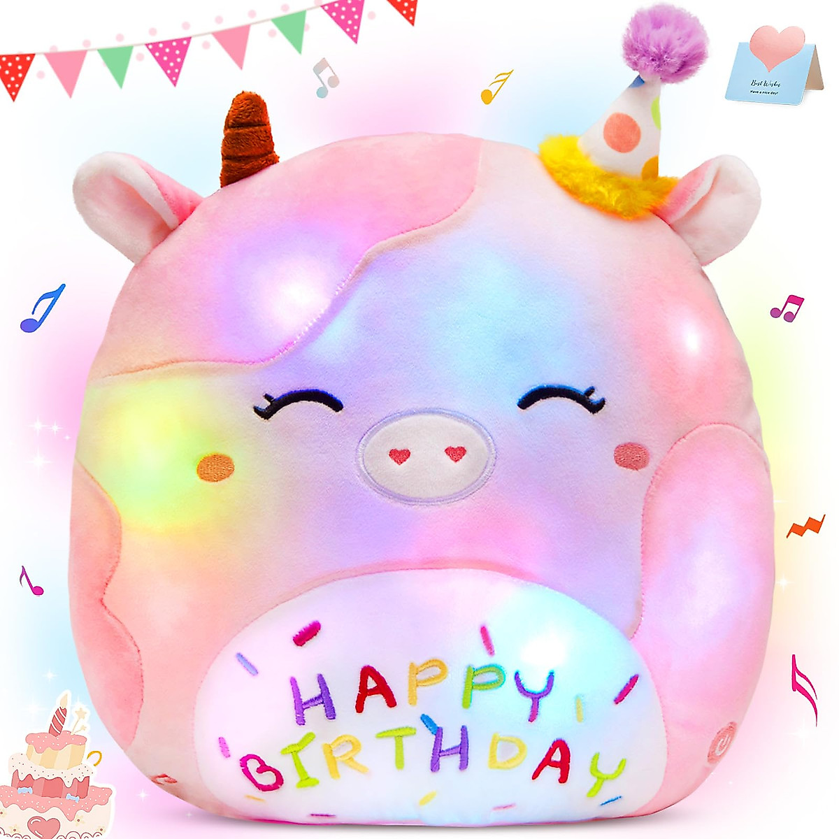 CozyWorld Light up Musical Happy Birthday Cow Plush Pillow,LED Stuffed Animals,Pink Cow Glowing Singing Plush Toy,Cute Plushie Doll Birthday Gift for Toddler Boys Girls,14''