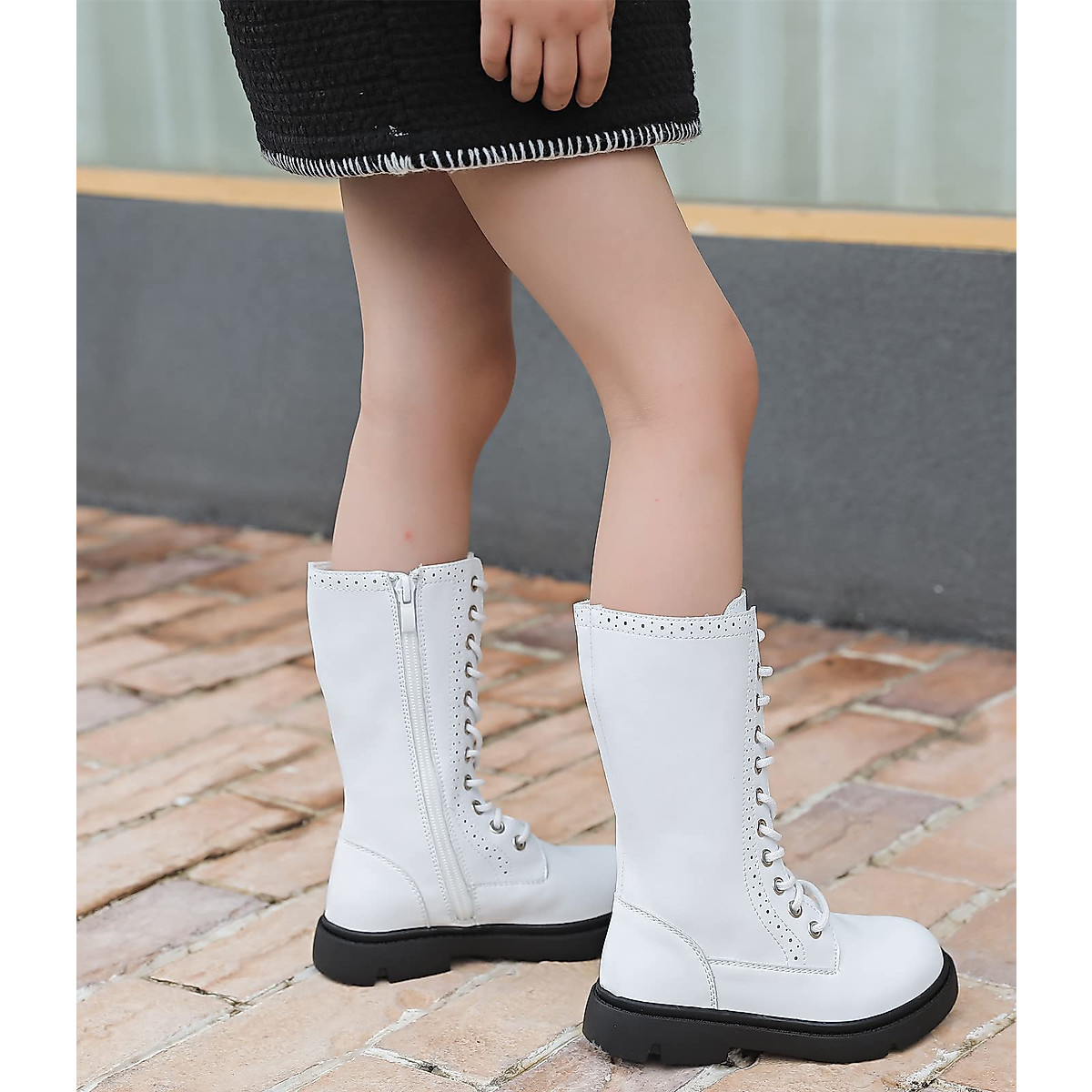 DADAWEN Boys Girls Leather Lace-Up Waterproof Side Zipper Mid Calf Combat Riding Winter Boots (Toddler/Little Kid/Big Kid) White US Size 2 M Little Kid