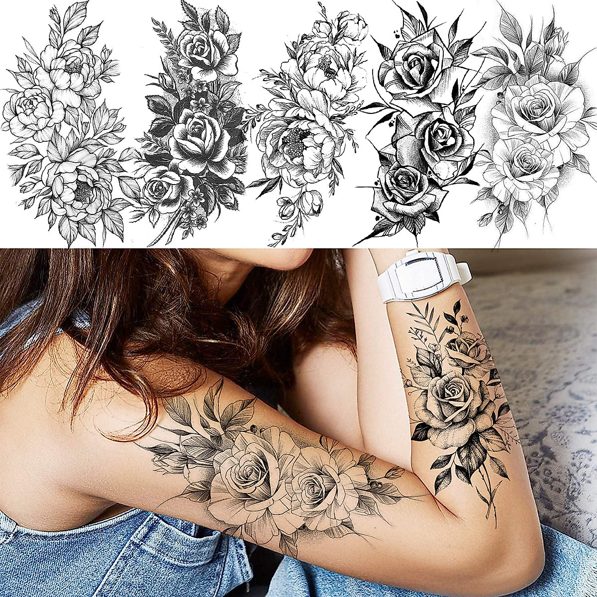 VANTATY 63 Sheets Realistic Black Rose Peony Flower Temporary Tattoos for Women Adults Body Art Arm, Snake Fake Floral Sketch Sleeve Tattoo Sticker
