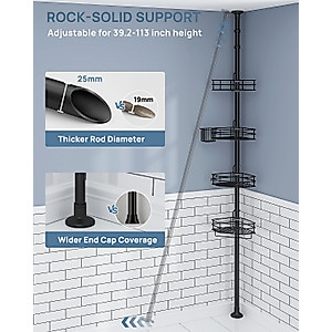 SEIRIONE Corner Shower Caddy Tension Pole, Quick Setup, Rust-Free Bathroom Shower Organizer Corner for Bathtub Shampoo Storage, 4-Tier Adjustable Shelf, Drill Free, Fits 39 to 113 Inch Height, Black