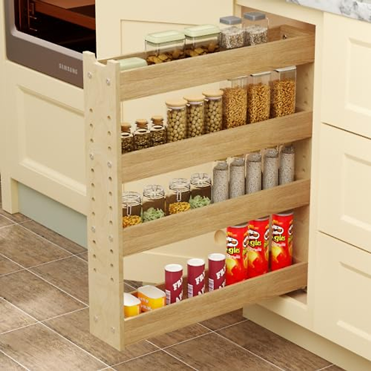 LOVMOR Adjustable Pull Out Cabinet Organizer 4½” W x 24½”H 4-Tier Narrow Cabinet Drawers Slide Out with Soft Close Wood Spice Rack for Narrow Cabinet