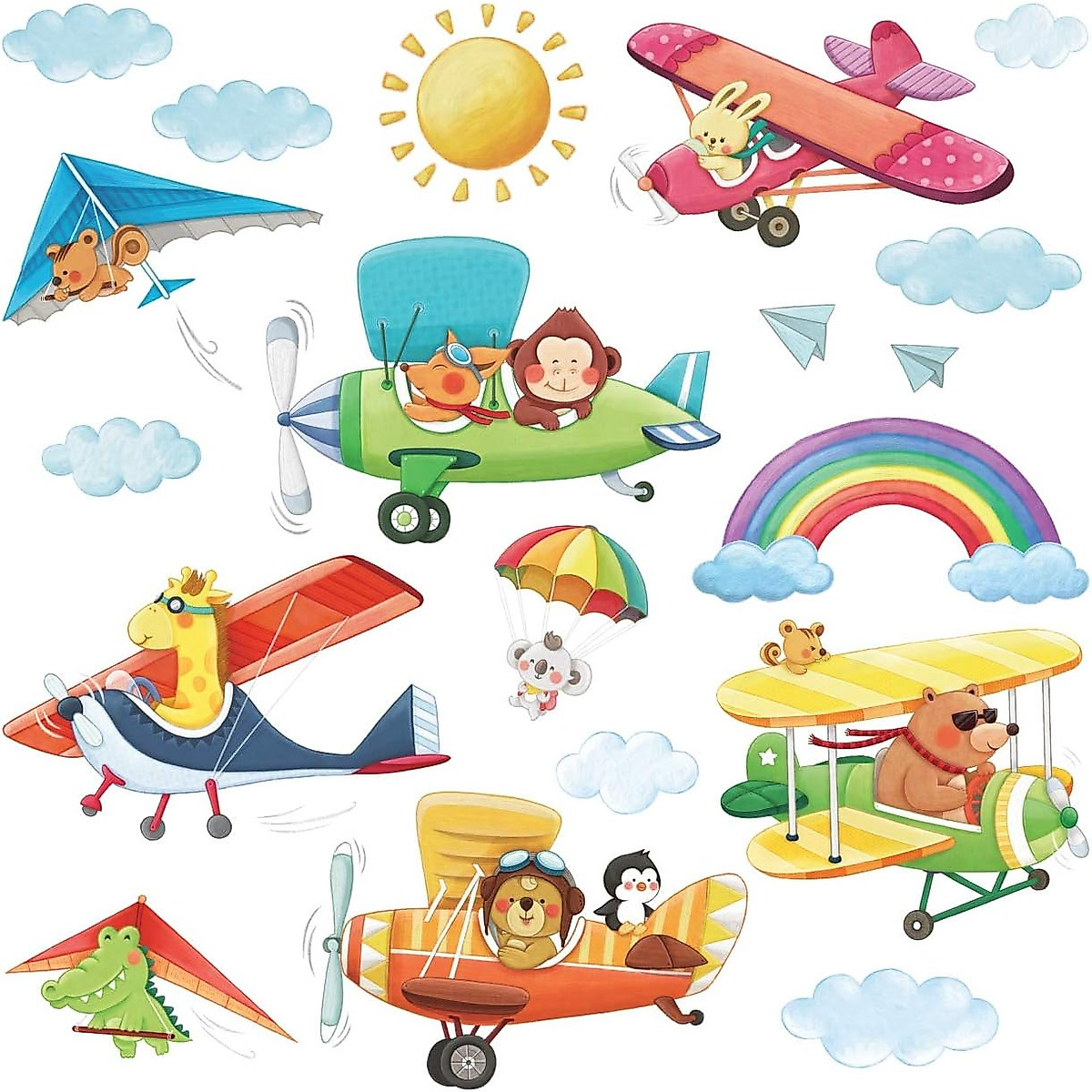 DECOWALL DS-8026 Animal Airplanes Kids Wall Stickers Wall Decals Peel and Stick Removable Wall Stickers for Kids Nursery Bedroom Living Room (Small) d?cor