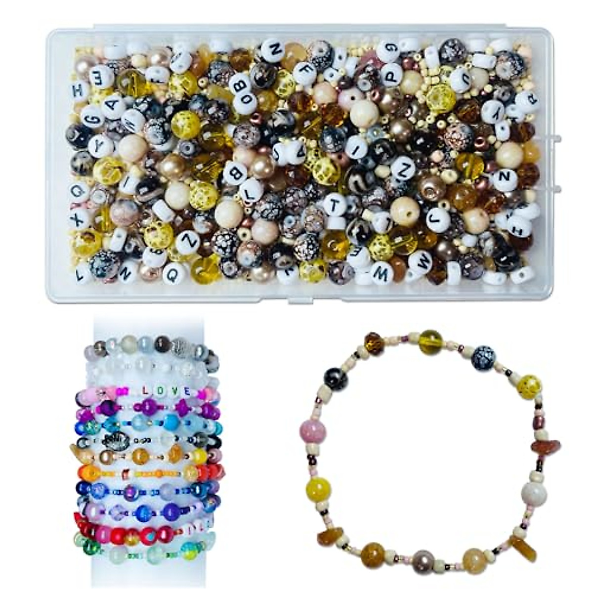 750 Pcs Glass Beads for Bracelets with 200 Acrylic Letters,Mixed Craft Beads Jewelry Making Kit, Glass Beads Bracelet Making Kit, 8mm Round Cystal Beads with Seed Beads for DIY Working