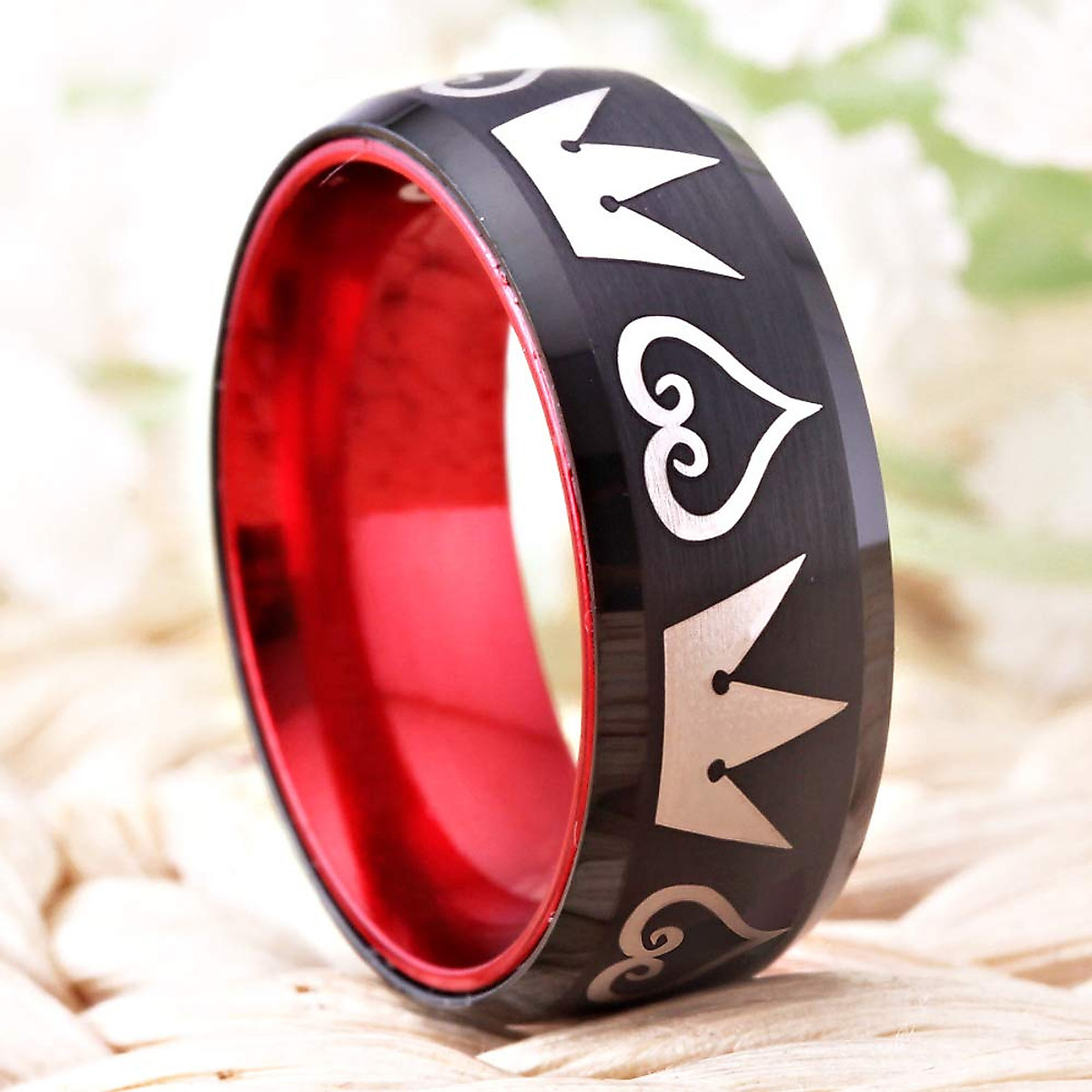 Cosplay Jewelry Kingdom Hearts & Crowns Design Ring 8mm Width Red and Black Tungsten Ring Matte Finish Beveled Edges Wedding Band-Free Customized Engraving (8mm Red, 10)