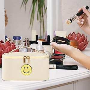 WALONER Preppy Patch Makeup Bag Leather Cosmetic Bag Large Makeup Pouch, Portable Waterproof Travel Toiletry Organizer,Toiletry Bag for Women Girls Gifts (White)