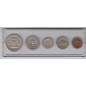 1959 Birth Year Coin Set (5) Coins - Silver Half, Silver Quarter, Silver Dime, Nickel, and Cent all Dated 1959 and Encased in a Plastic Display Case Fine