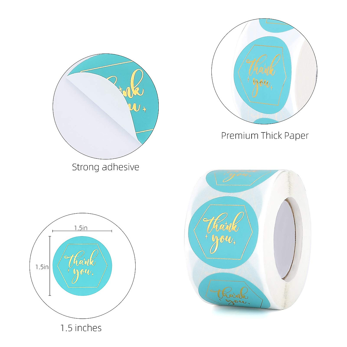 Thank You Stickers Roll - 1.5 inch Blue Thank You Stickers with Teal Base Color, Gold Foil Design, 500 Thank You Stickers for Business, Gift Bags, Envelopes Seals, Mailer Stickers