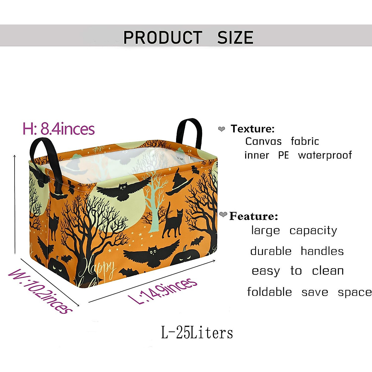 KUNRO Owl Pattern Halloween Storage Gift Basket Canvas Storage Bins with Handles Rectangle Storage Cubes Organizer for Bedroom Living Room