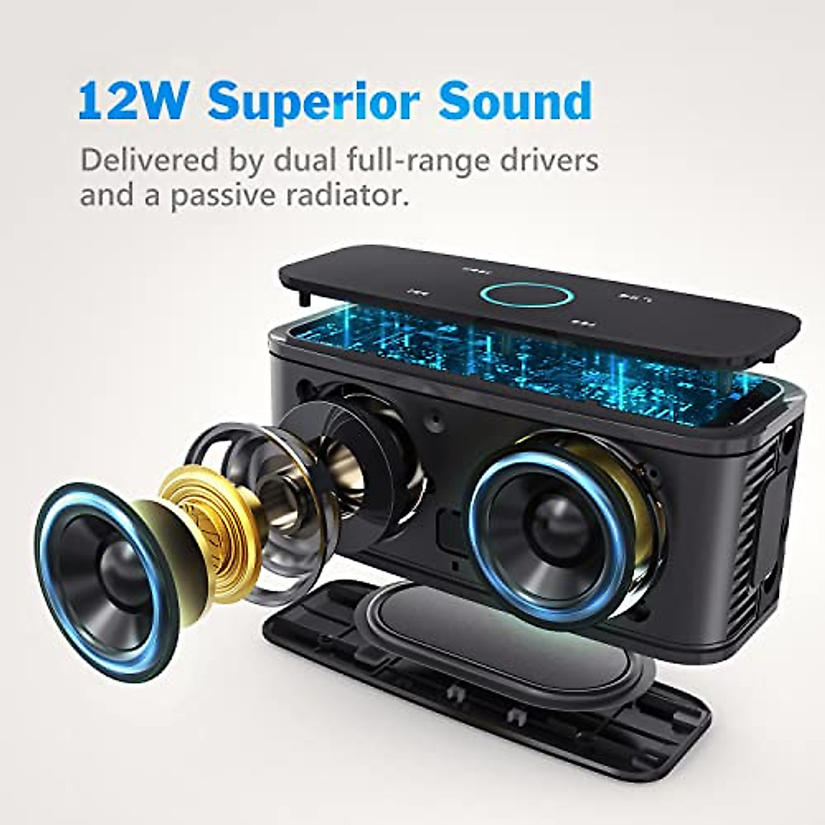 DOSS Bluetooth Speaker, SoundBox Touch Portable Wireless Speaker with 12W HD Sound and Bass, IPX5 Water-Resistant, 20H Playtime, Touch Control, Handsfree, Speaker for Home, Outdoor, Travel-Black