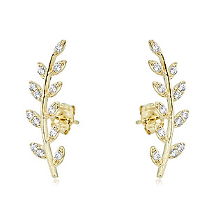 AVORA 10K Yellow Gold Olive Leaf Ear Crawler/Climber Simulated Diamond CZ Earrings