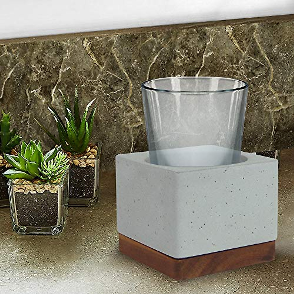 nu steel Concrete, Made of Cement Bath Accessory Set Vanity Countertop, 7pc Luxury Ensemble-Cotton Swab, Dish, Toothbrush Holder, soap Pump, Waste Basket, Tissue Box, Tray, Grey Stone/Brown