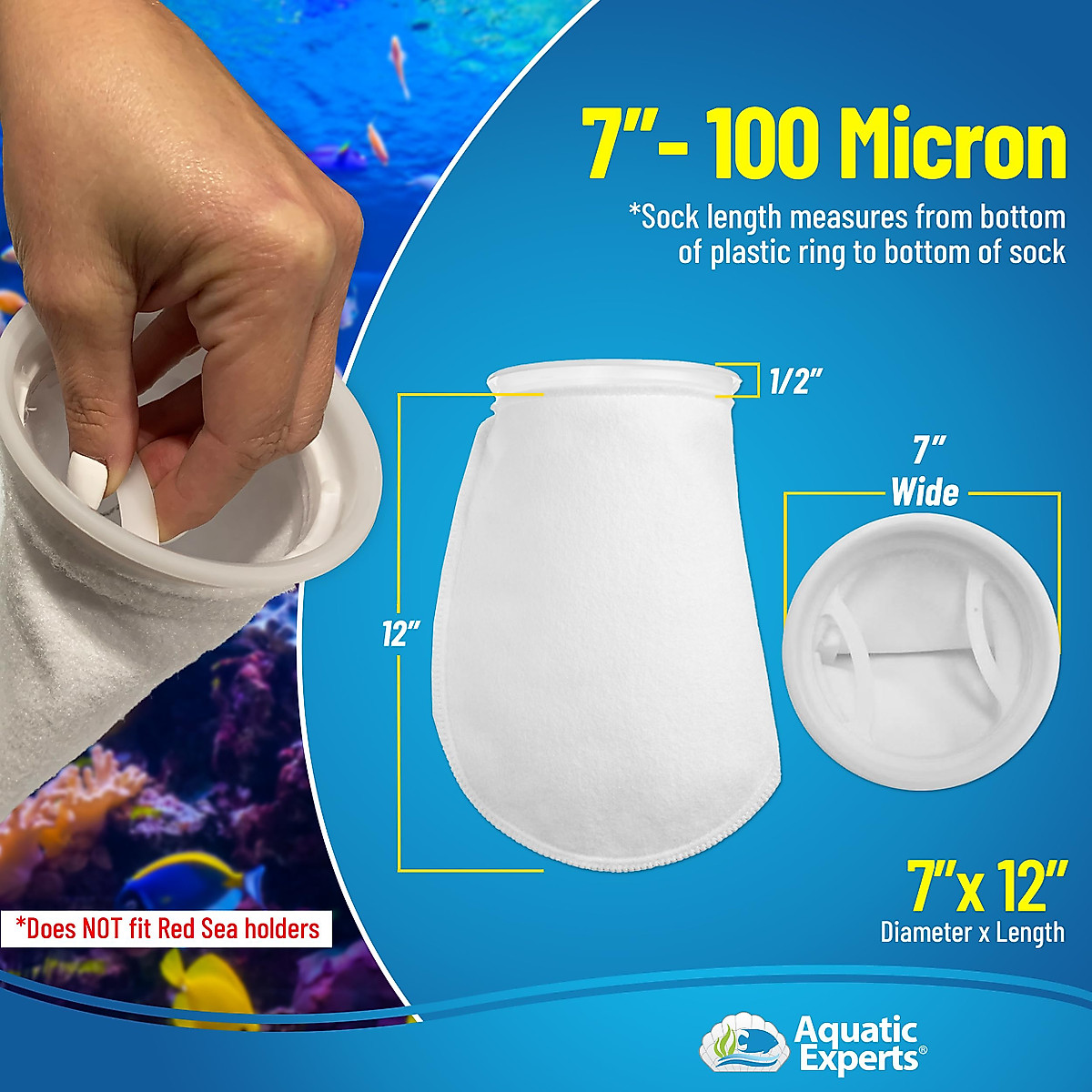 Aquatic Experts 7 Inch Filter Sock - 100 Micron Felt Filter Sock, Filter Socks for Saltwater Aquarium, Fish Tank Sump Filter Sock, Freshwater Aquarium Socks, Reef Filter Sock, (7"x12", 4 Pack)