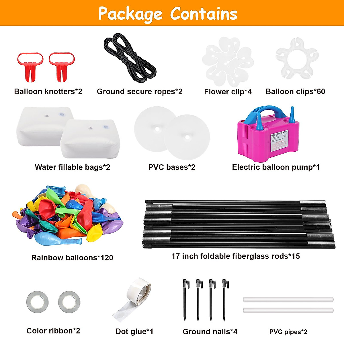 RUBFAC Balloon Arch Kit, 9ft Tall & 10ft Wide Adjustable Balloon Arch Stand with 2 PVC Bases,2 Water Fillable Bags, 60pcs Balloon Clips, 120pcs Rainbow Balloons, for Wedding Birthday Baby Shower