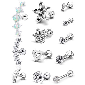 Vsnnsns 16G Cartilage Earrings Tragus Earrings for Women Silver Stainless Steel Forward Helix Earrings Stud Lip Rings Labret Monroe Medusa Barbells Studs Body Piercing Jewelry for Women Men