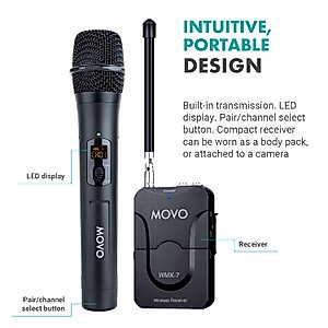 Movo WMX-7-TH+RX Handheld Wireless Microphone System - Omnidirectional Microphone with Built-in VHF Transmitter, Bodypack Receiver - Wireless Mic Interview Kit for Reporters, Vlogging, Live Events