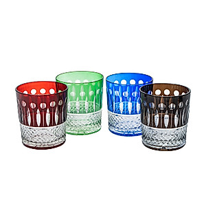 The Wine Savant Crystal Italian Multicolor Design Cups -Set of 4 Whiskey Glasses 8oz 3.5" H Bohemian Venetian Italian Style Red, Blue, Green, Black Glasses, for Dinner Parties, Bars & Weddings