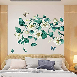 LiveGallery Removable Vinyl Fresh Green Leaf and White Flower Wall Sticker Murals Kids Girls Bedroom Nursery Rooms Wall Decals 3D Peel and Stick Decor for Home Living Room Offices Wall Corner