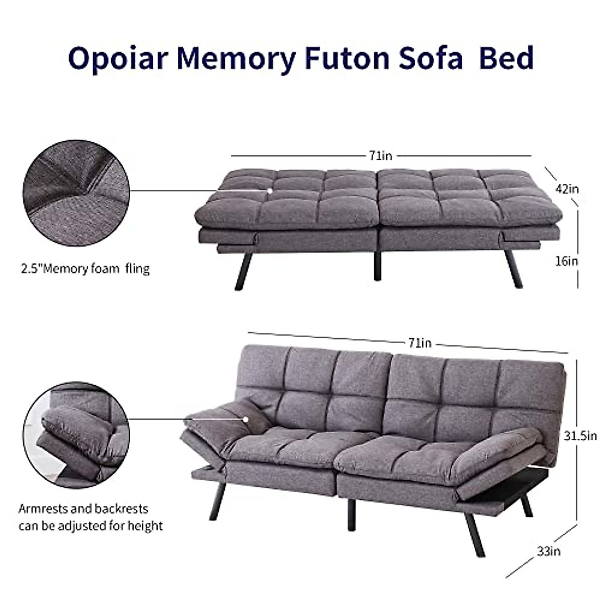 Opoiar Futon Sofa Bed,Small Splitback Linen Fabric Memory Foam Couch,Modern Convertible Love seat for Compact Living Spaces,Studio,Apartment,Dorm,Guest Room,Home Office 71”/Grey Sofa