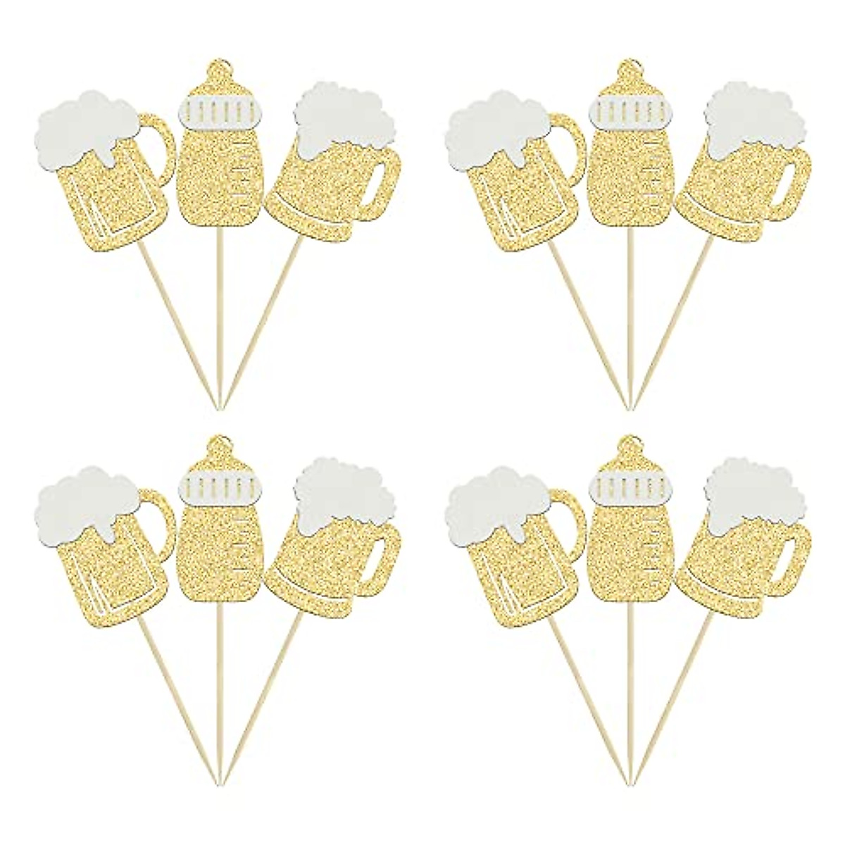 Gyufise 24Pcs Beer Mug Baby Bottle Cupcake Toppers Gold Glitter Baby Bottle Cupcake Picks Cheers Celebrating Baby Shower Birthday Party Cake Decorations