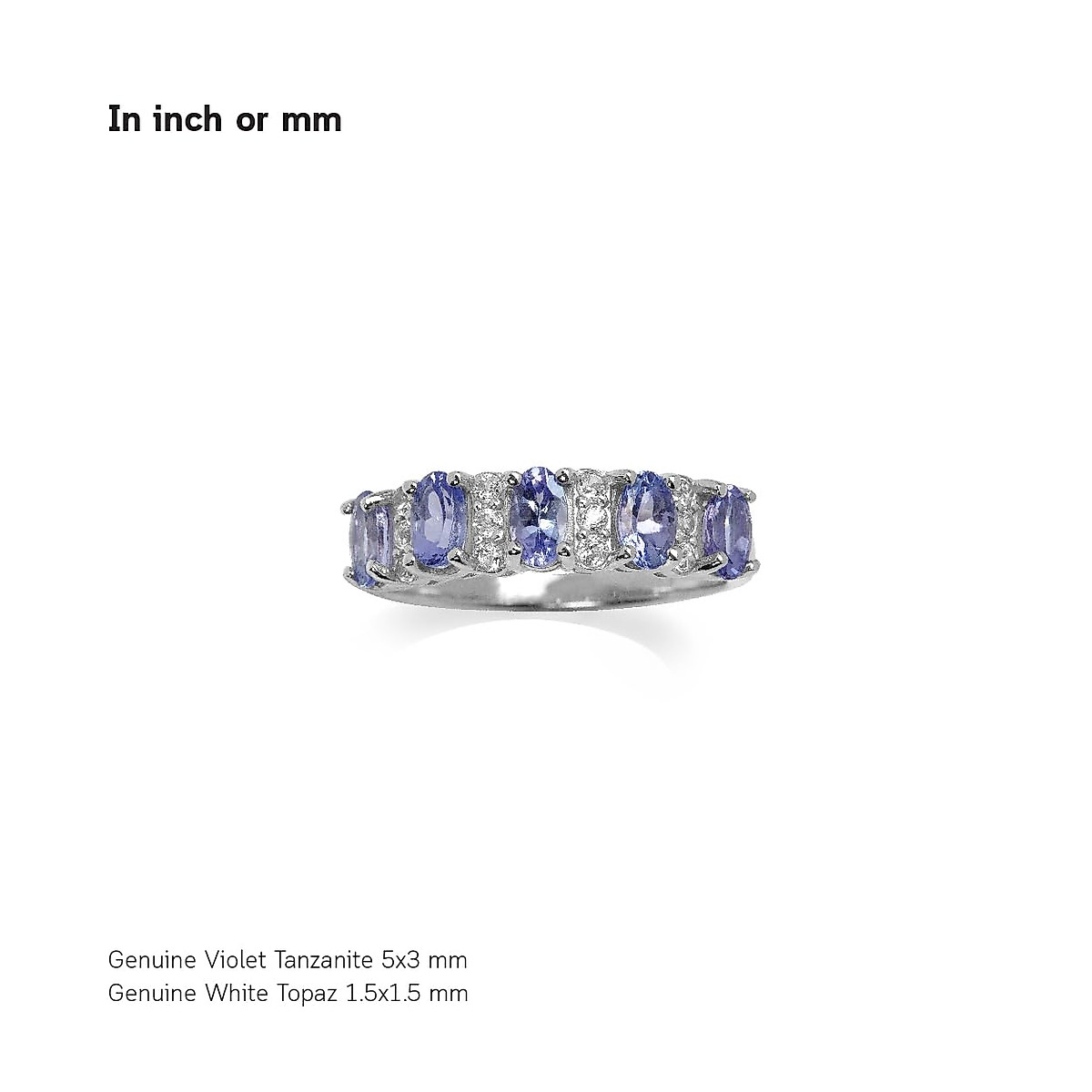 Silvershake 1.3ct. 5 Stone Genuine Tanzanite and White Topaz 925 Sterling Silver Ring Size 7.5