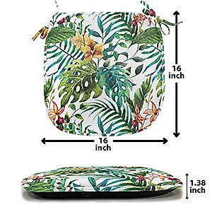 Ambesonne Leaf Chair Seating Cushion Set of 4, Vintage Retro 60s Seem Banana Palm Tree Leaves Flowers Hibiscus, Anti-Slip Seat Padding for Kitchen & Patio, 16"x16", Pale Caramel Burgundy