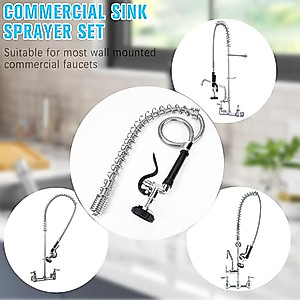 Spray Valve with 45" Flexible Stainless Steel Hose & Pre-Rinse Overhead Spring, Commercial Faucet Flexible Hose with Spray Head Replacement Kit for Commercial Restaurant Industrial Kitchen Sink Faucet