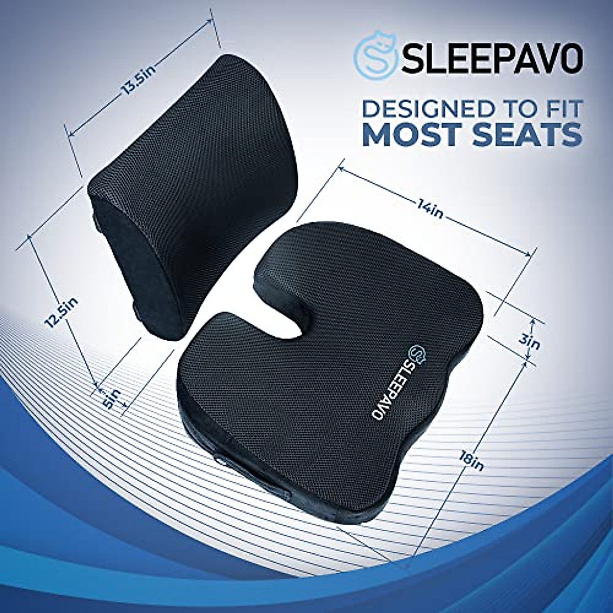 Sleepavo Memory Foam Seat Cushion for Office Chair - Orthopedic Back & Butt Pillow for Sciatica Tailbone Coccyx Hip Pain Relief for Sitting, Gaming, Desk, Car & Airplane - Padded Lumbar Support Pillow