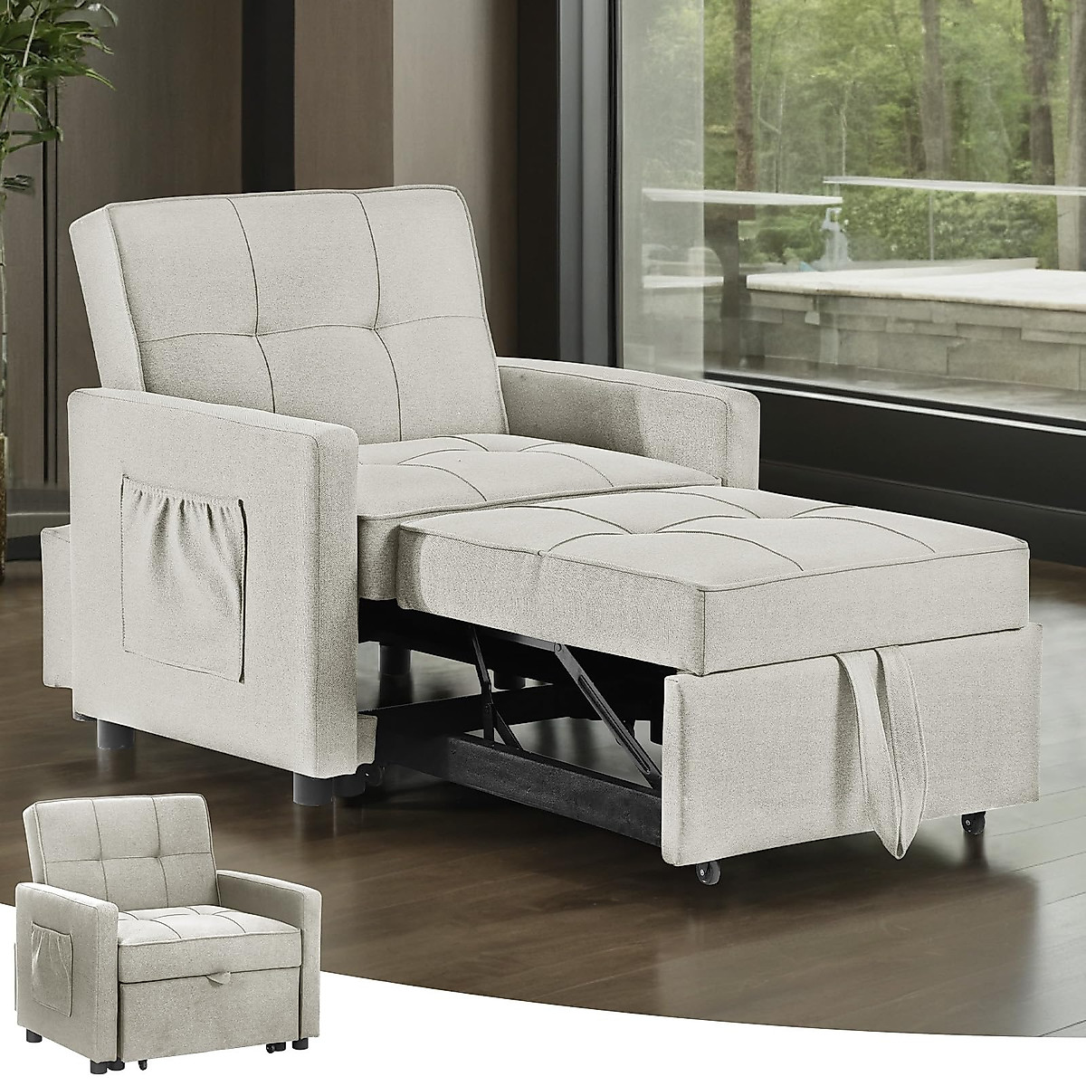 Rovibek Pull Out Sofa Chair 3 in 1 Convertible Sleeper Chair Bed Single Sofa Bed Chair Linen Sleeper Chair with Adjustable Backrest, Easy Assembly, White