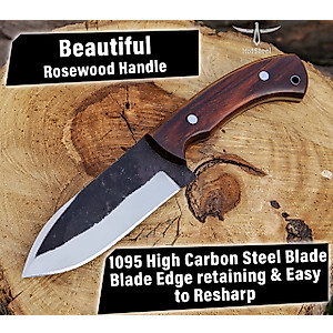 High Carbon Steel Knife - Handmade Full Tang Bushcraft Knife - Hunting Knife, Survival Knife, Fixed Blade Knife & Camping Knife - Camping Knives & Hunting Knives with Rosewood Handle & leather Sheath