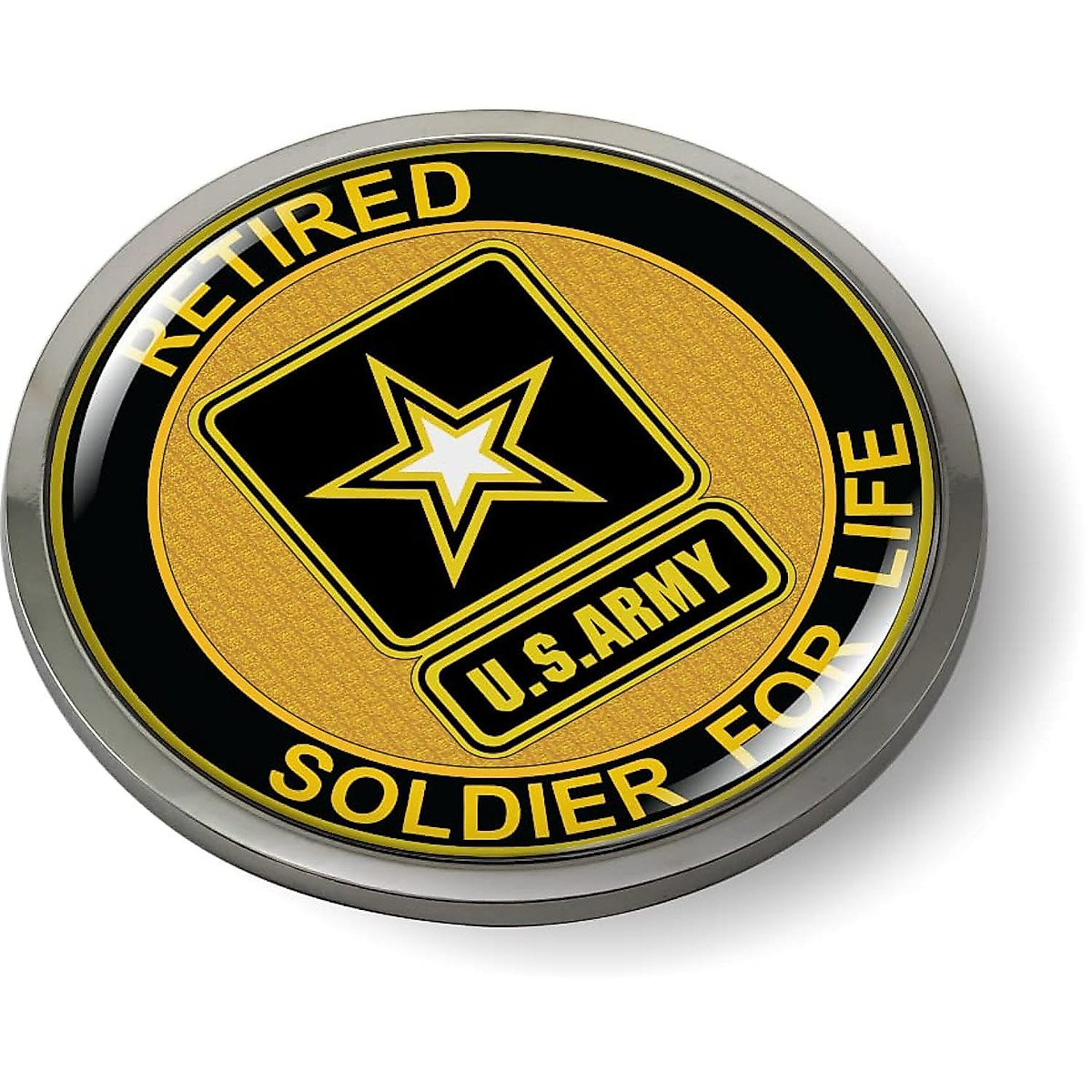 [Officially Licensed Product] - U.S. Army Retired Soldier for Life 3D Domed CAR Emblem Badge Sticker Round Chrome Metal Round Bezel