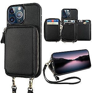 Bocasal RFID Blocking Wallet Case for iPhone 13 Pro Max, Adjustable Crossbody Zipper Purse Case Card Holder with Kickstand Detachable Wrist Strap, PU Leather Flip Folio Case 6.7 Inch 5G (Black)