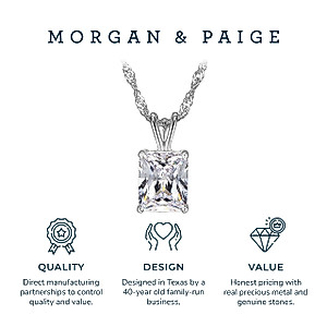 MORGAN & PAIGE CZ Diamond Emerald Cut Necklace - 925 Platinum Plated Sterling Silver Necklace With 3/8" Emerald Cut Cubic Zirconia Pendant - 18"