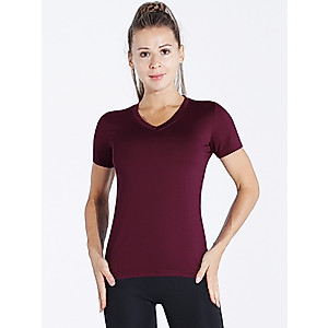 CADMUS Workout t-Shirts for Women Quick Dry Gym Shirts V-Neck, Black, Grey, Wine Red, Large