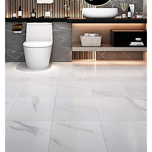 Livelynine White Peel and Stick Floor Tile 16pcs 12X12 Inch Stick on Floor Tiles Bathroom Vinyl Flooring Peel and Stick Tile Floor Stickers Kitchen Bedroom Renter Friendly Laminate Flooring Waterproof