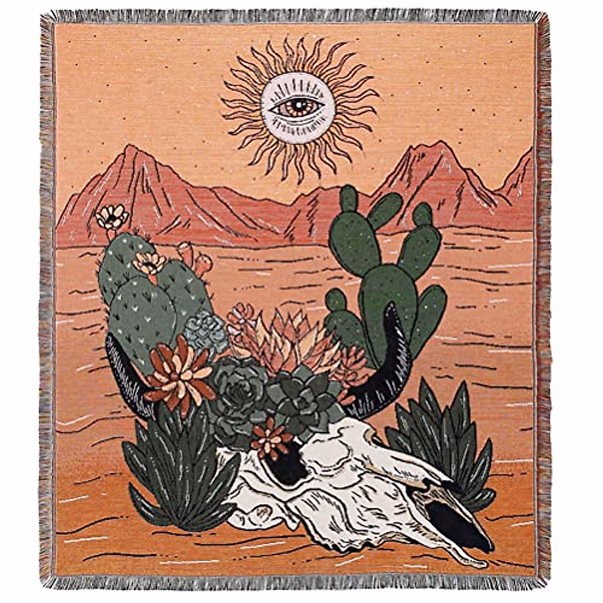 tiowik Cactus Desert Throw Woven Blanket with Tassel for Home Decoration Chair Couch Sofa Bed Beach Travel Picnic Cloth Tapestry Shawl Cozy Cotton (Orange 63×51 Inches)