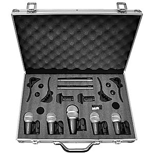 Pyle 7-Piece Wired Dynamic Kit-Kick Bass, Tom/Snare & Cymbals Microphone Set-for Drums, Vocal, & Other Instrument-Complete with Thread Clip, Inserts, Mics Holder & Case, Black