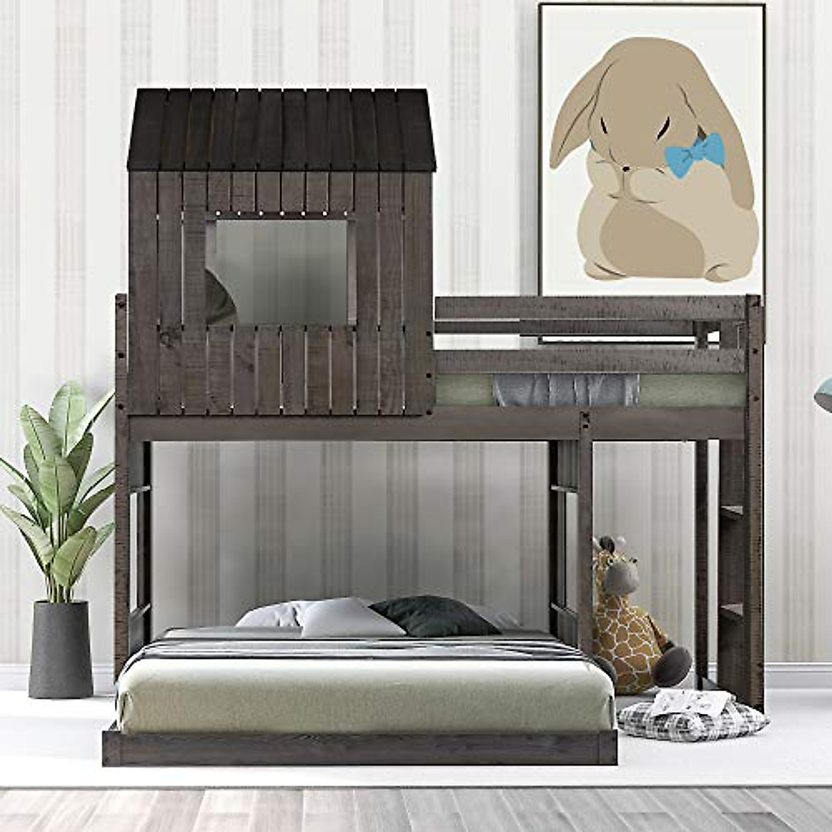 GJHOME Twin Over Full House Bunk Bed with Ladder, Window and Guardrails, Wooden Low Loftbed with Playhouse, Farmhouse, for Kids Teesn Boys Girls Bedroom, Antique Gray