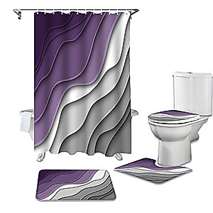 Comforance Purple Gray Modern Geometric Shower Curtain Set with Rugs and Hooks for Bathroom, 4PC Waterproof Fabric Bath Shower Curtain and Non-Slip Bathroom Mats, Abstract Gradient Art