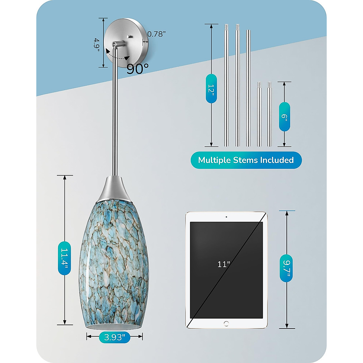 EDISHINE Pendant Light, Hand Blown Hanging Light Fixture, Adjustable Brushed Nickel Rods, Blue Glass Pendant Lighting for Kitchen Island, Sink, Bathroom, Dining Room