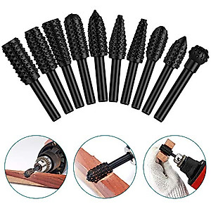 EEEkit 10PCS Wood Carving File Rasp Drill Bit, 1/4" 6mm Rotary Rasp Drill Bit Set, DIY Woodworking Rotating Embossed Chisel Shaped Shank Tool Burr Power Tools for Engraving Polishing Grinding