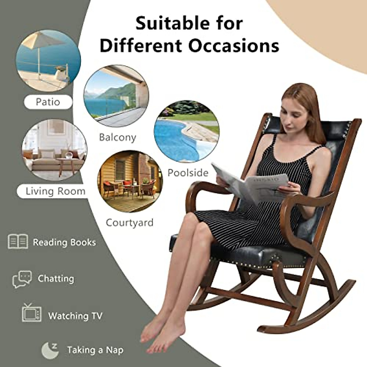 TUOCHUFUN Rocking Chair with Rubber Wood Frame, Anti-Tipping Design, Modern Rocking Chair with PU Cushion for Outdoor Garden,Living Room (Black)