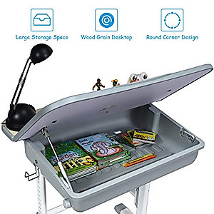 BABY JOY Kids Desk and Chair Set, Height Adjustable, Children's Study Table with Large Storage Space, Ergonomic Winged Backrest Chair, Student School Desk Set Great Gift for Ages 3 to 14 (Gray)